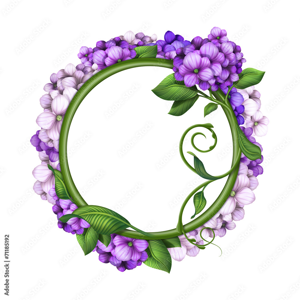 round floral frame, blank banner template, purple flowers Stock ...