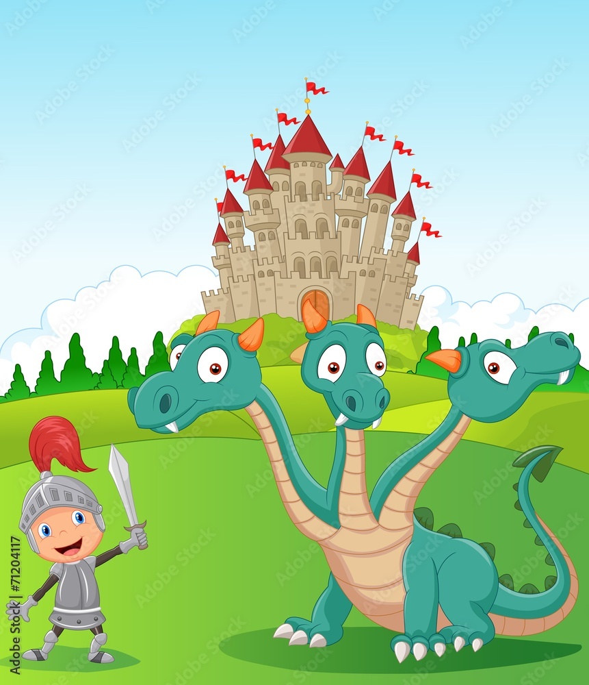 Cartoon knight with three headed dragon Stock Vector | Adobe Stock