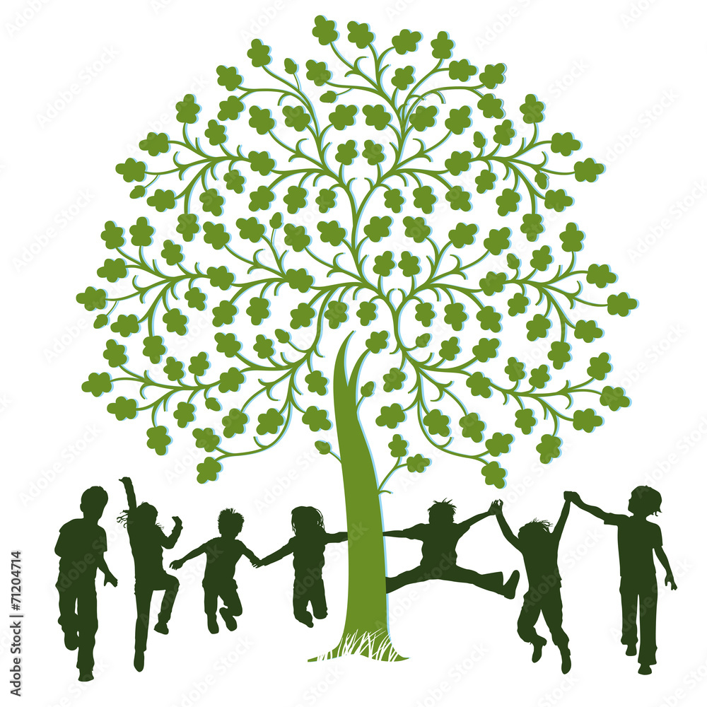Spielende Kinder um einen Baum Stock-Vektorgrafik | Adobe Stock