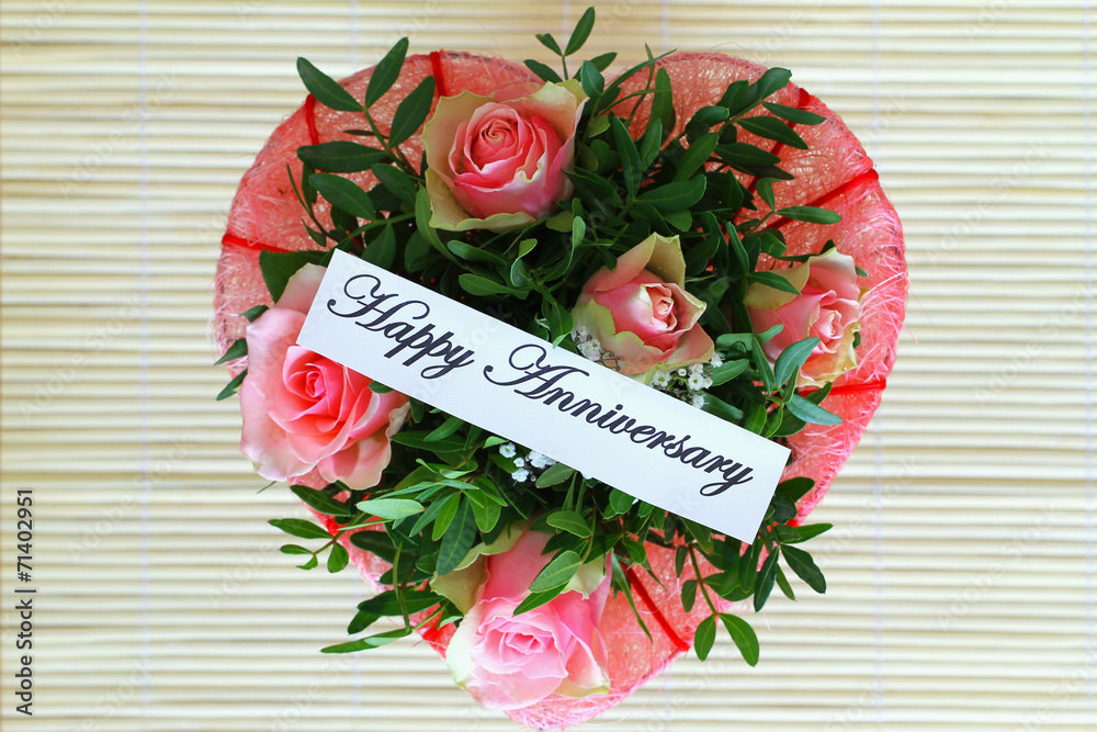 Happy Anniversary card with heart shaped pink roses bouquet Stock Photo ...