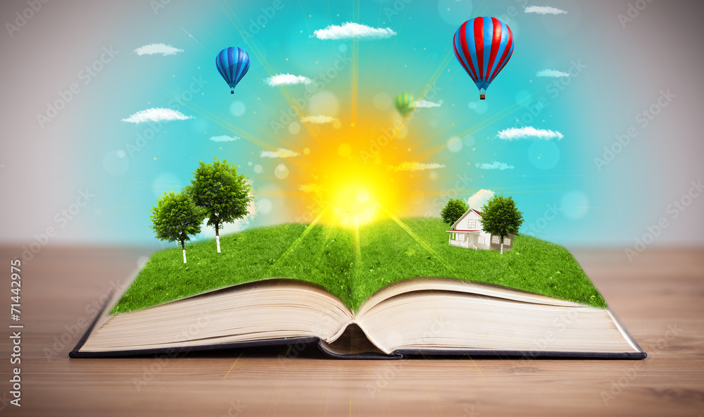 Open book with green nature world coming out of its pages Stock Photo ...