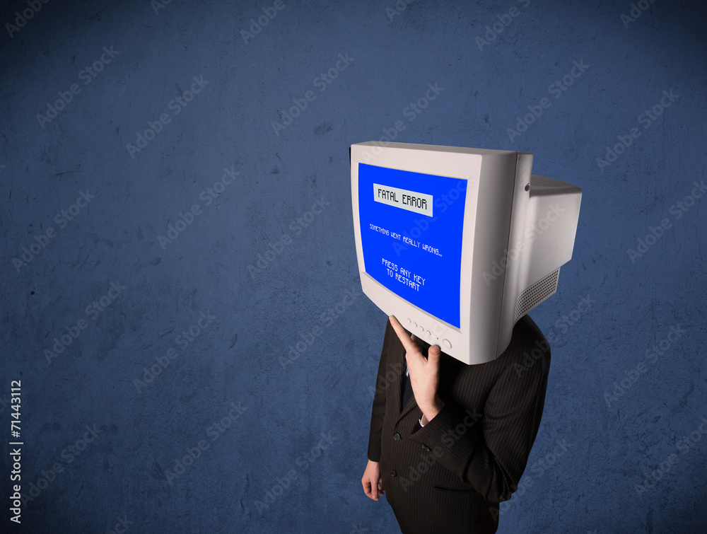 Person with a monitor head and fatal error blue screen on the di Stock ...