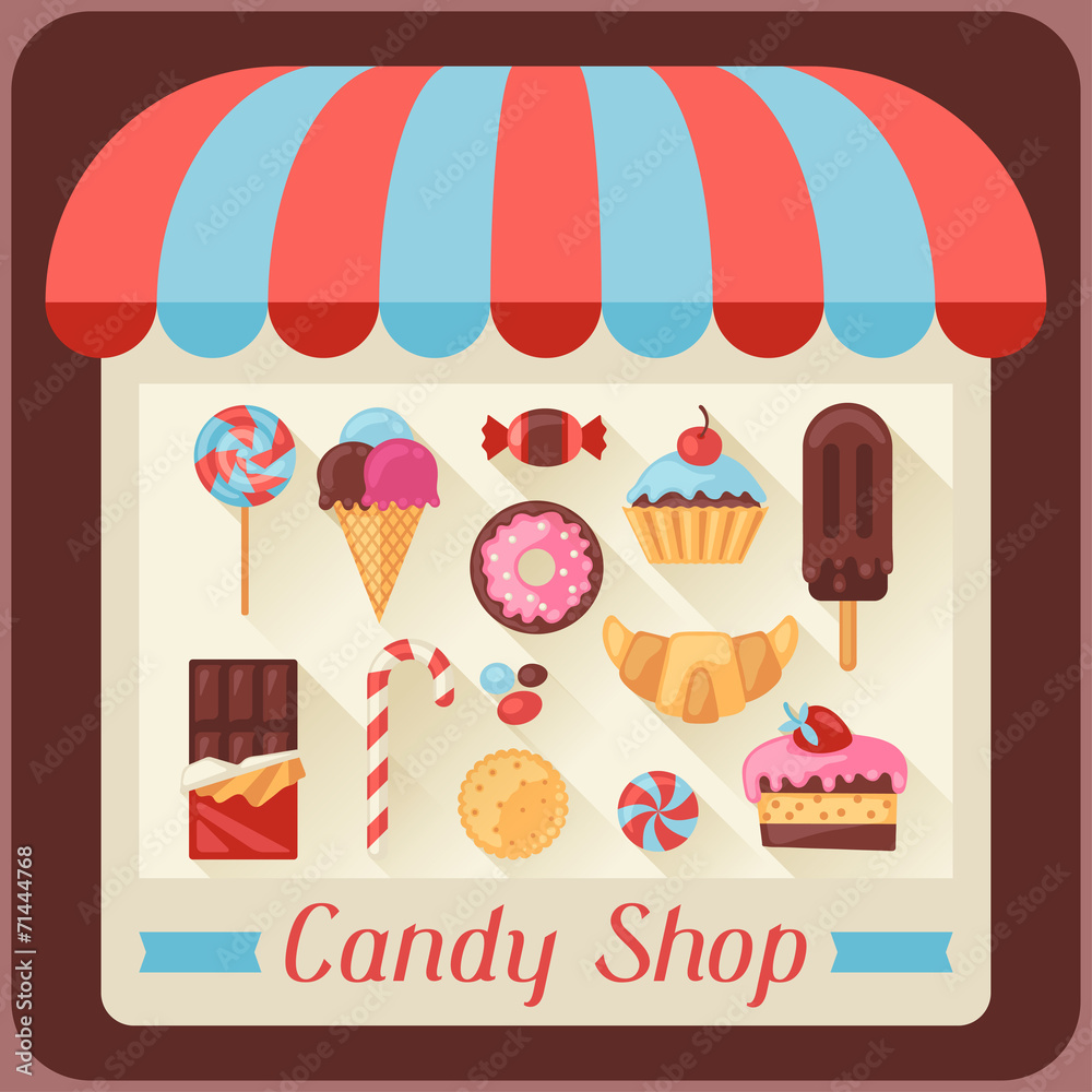 Candy shop background with candy, sweets and cakes. Stock Vector ...