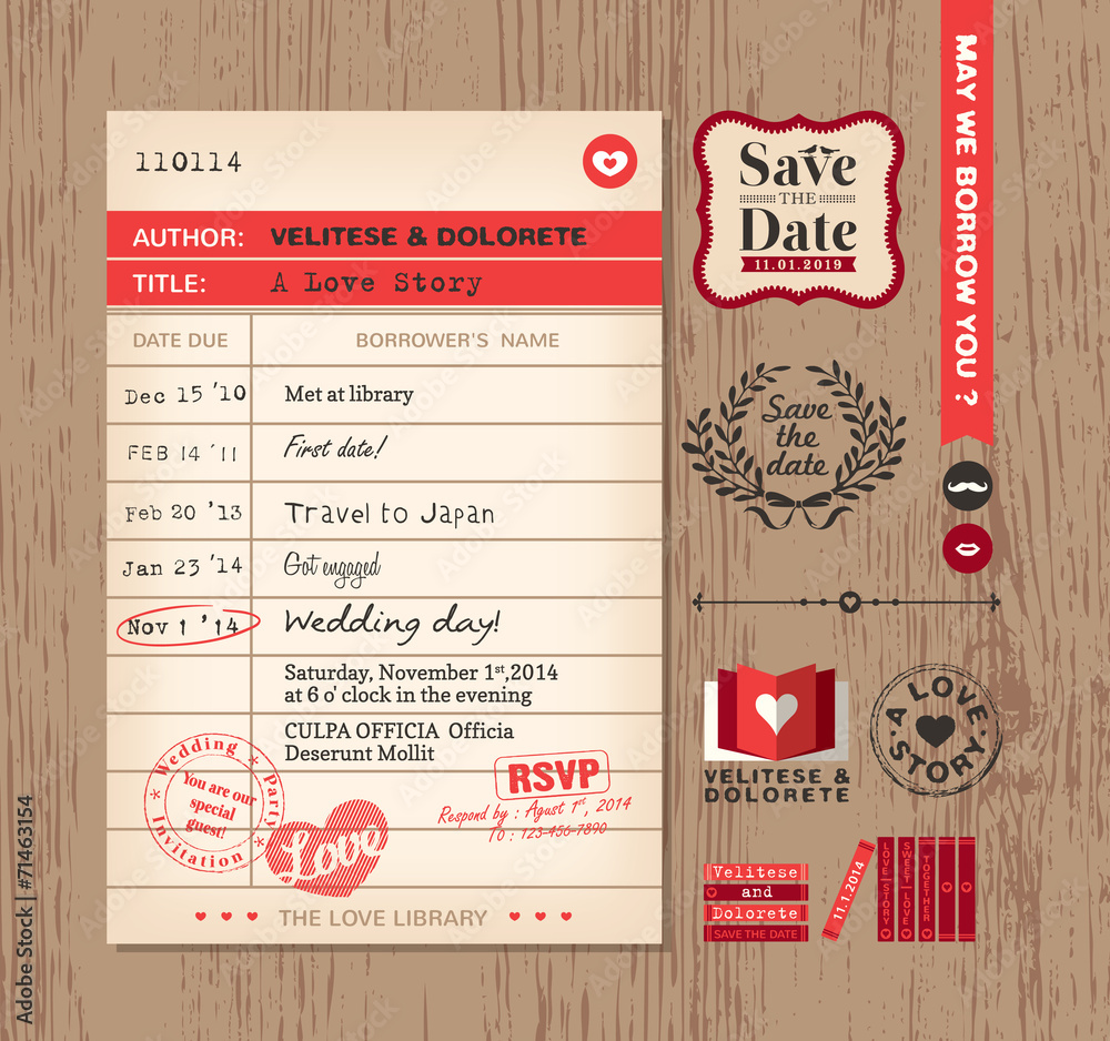 Library card Wedding Invitation design background Stock Vector | Adobe ...