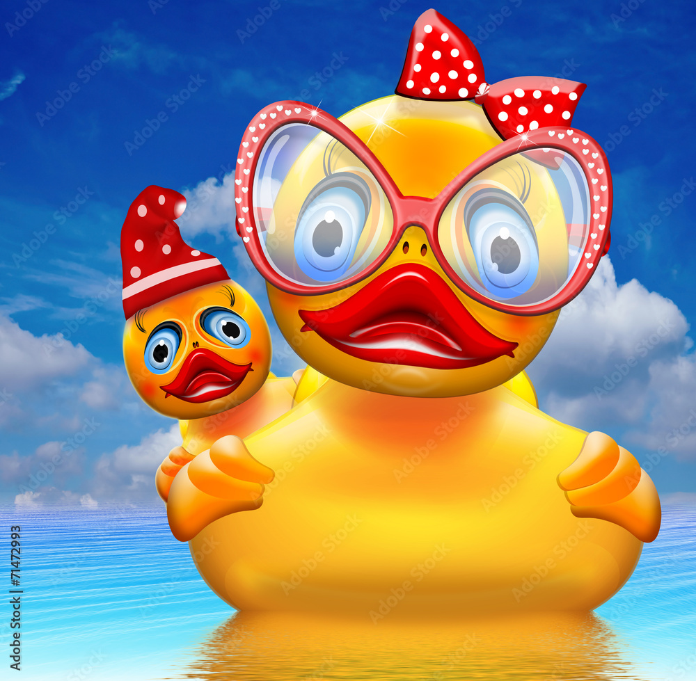 Duck die Ente mit Brille, Schleife und Babyente Stock-Illustration ...