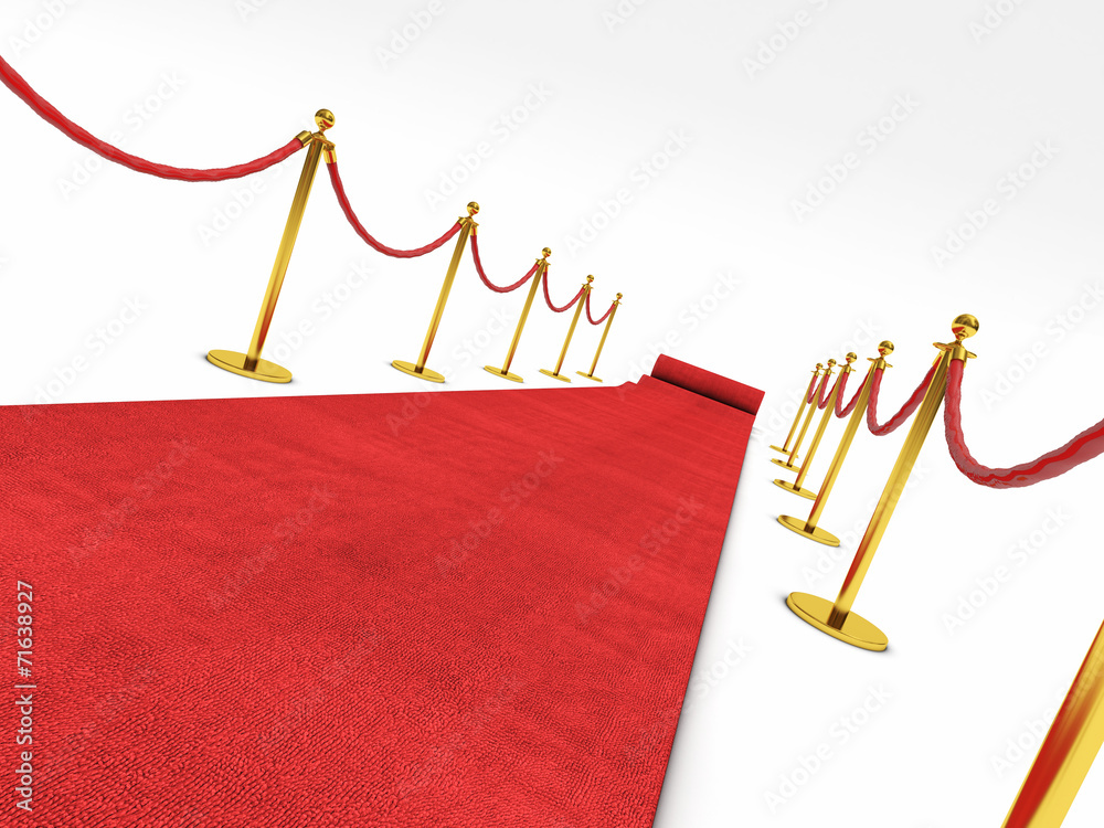 3d image of a red carpet unrolling and metal barriers with red velvet ...
