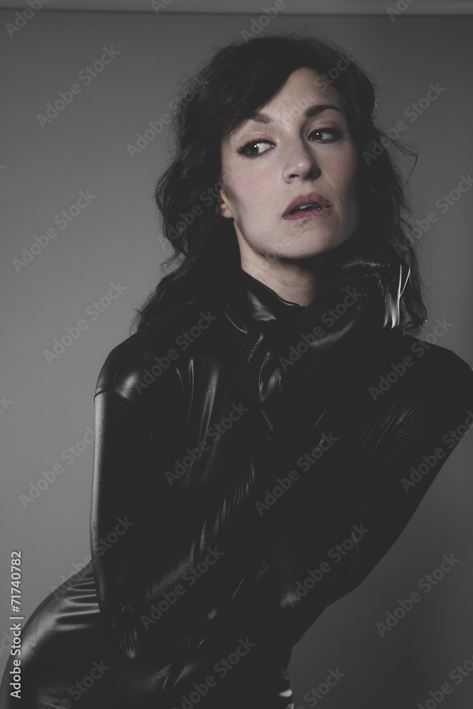 Sexy Woman Dressed In Black Latex Future Concept And New Techno Stock