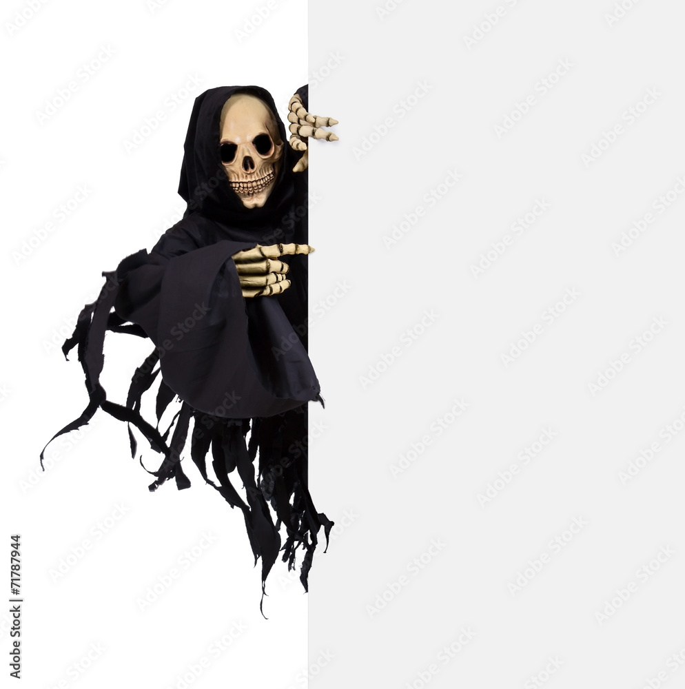 Grim Reaper pointing the finger at a blank panel Stock Photo | Adobe Stock