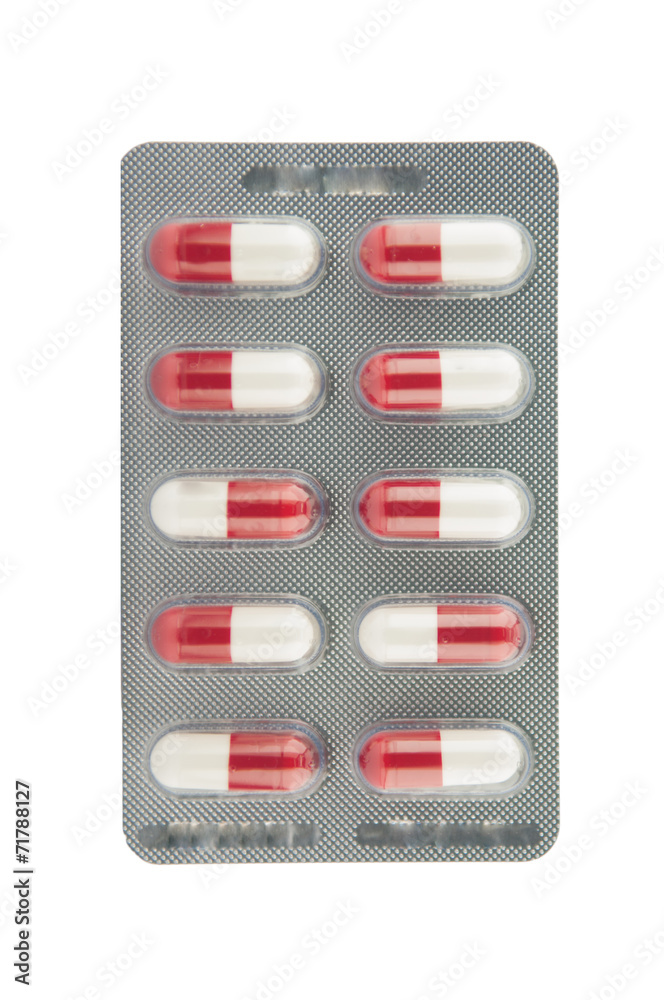 Red and white capsule in blister pack show medicine concept Stock Photo ...