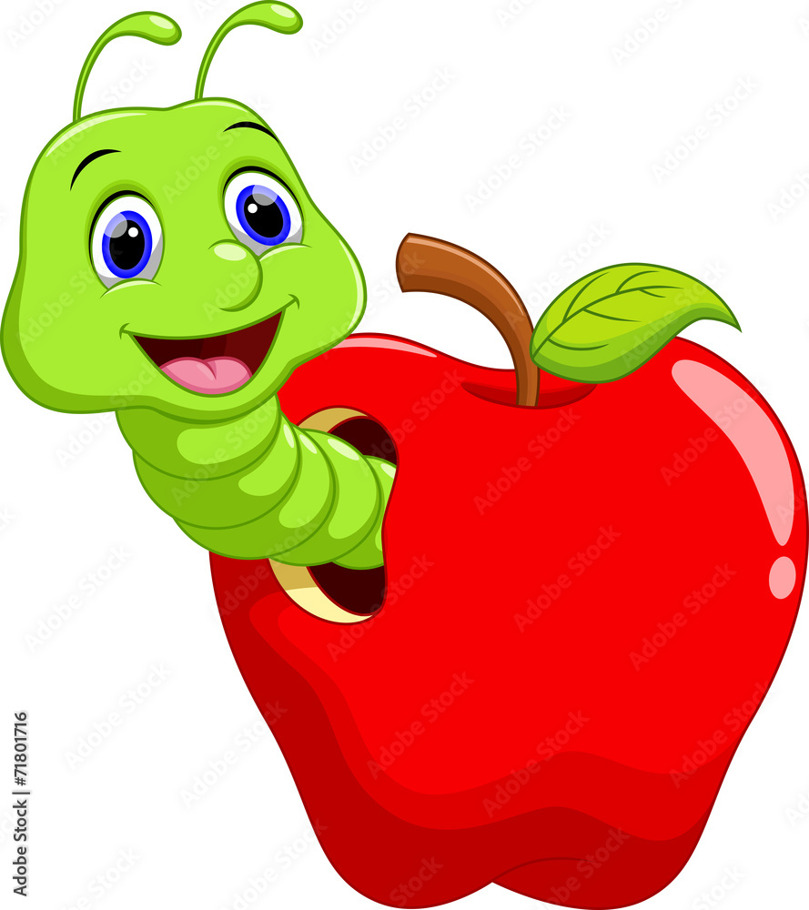 Funny cartoon worm in the apple Stock Vector | Adobe Stock