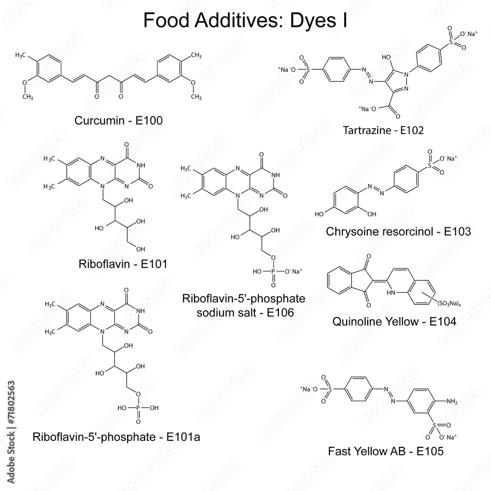 Food dyes - structural chemical formulas of food additives Stock Vector ...