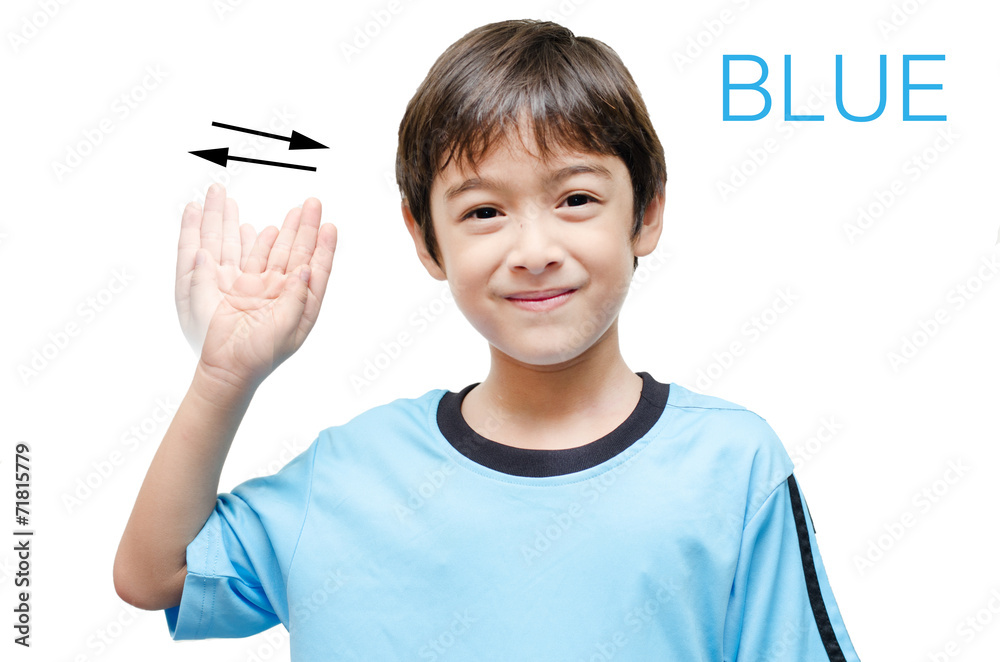 Blue color kid hand sign language on white background Stock Photo ...