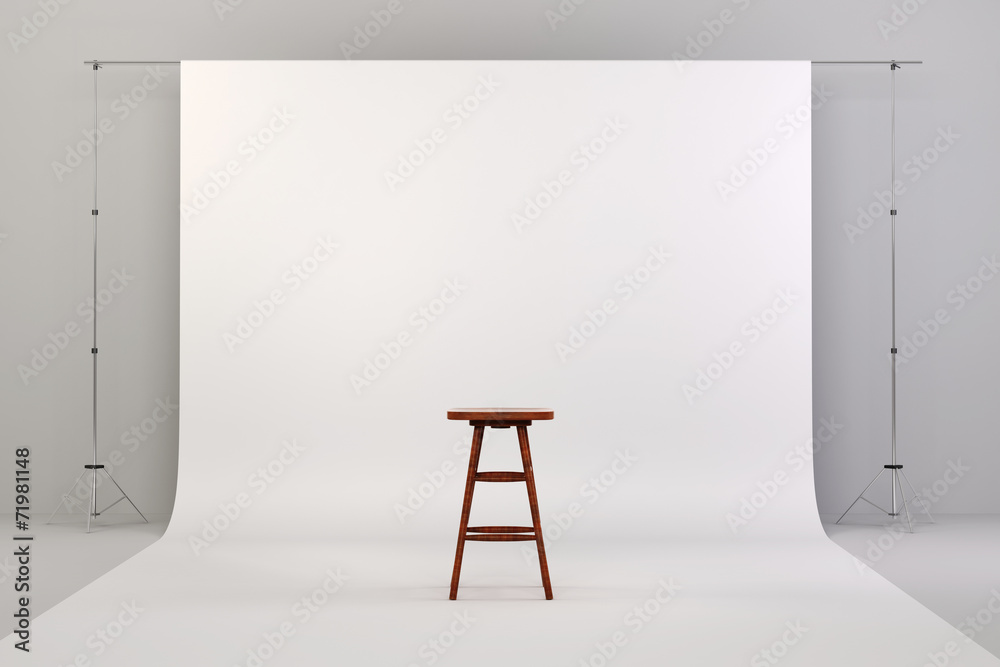 3d studio setup with wooden chair and white background Stock ...