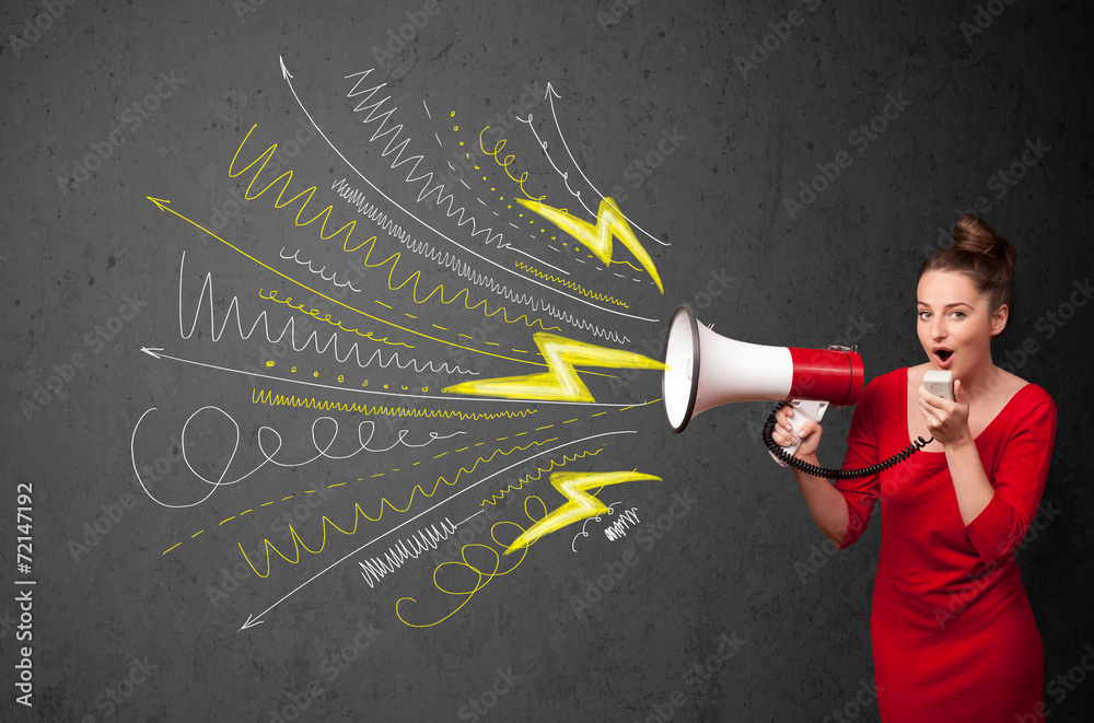 Cute girl shouting into megaphone with hand drawn lines and arro Stock ...