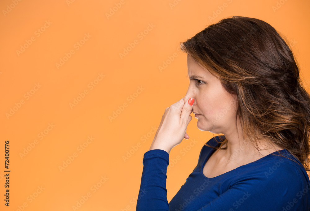 Bad smell side view profile woman covers pinches her nose Stock Photo ...