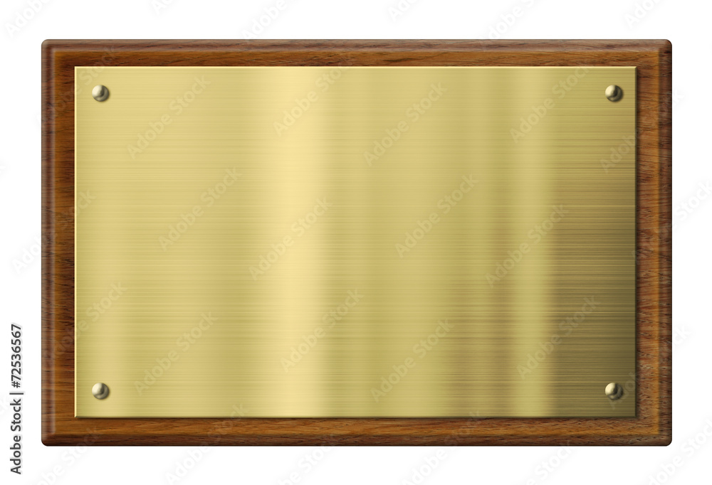 Wood plaque with brass or gold metal plate. Clipping path Stock ...