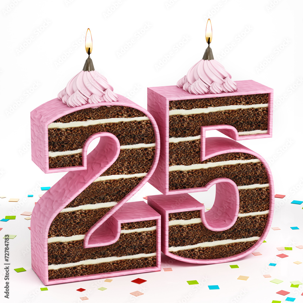 Number 25 shaped chocolate birthday cake with lit candle Stock ...