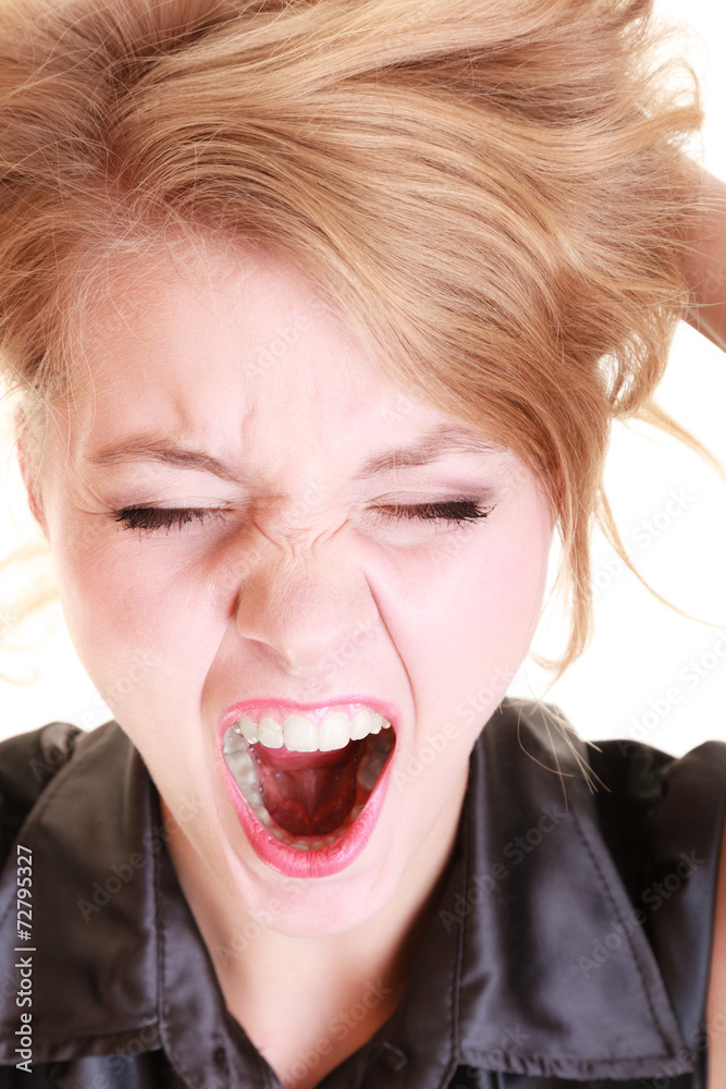 Angry furious woman screaming and pulling messy hair Stock Photo ...