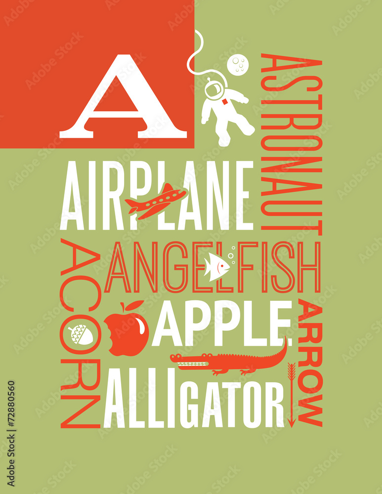 Letter A words typography illustration alphabet poster design Stock ...