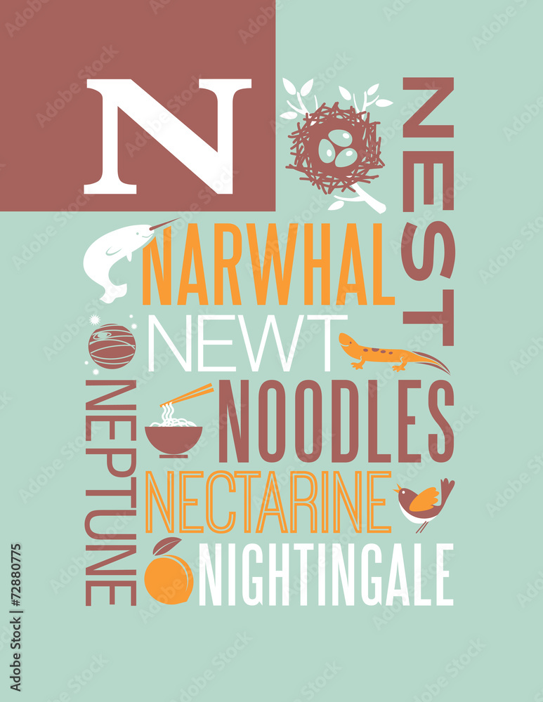 Letter N words typography illustration alphabet poster design Stock ...