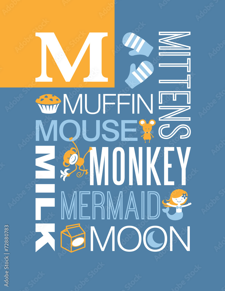 Letter M words typography illustration alphabet poster design Stock ...