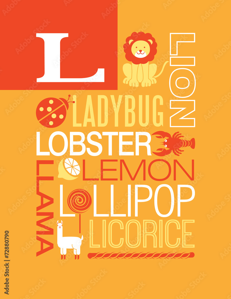 Letter L Words Typography Illustration Alphabet Poster Design Stock