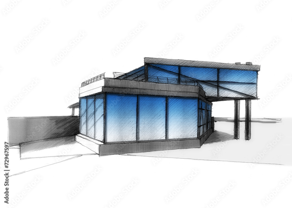 Modern house with structural glazing hand sketch drawing Stock ...