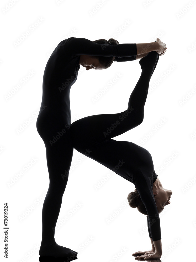 two women contortionist exercising gymnastic yoga silhouette Stock ...