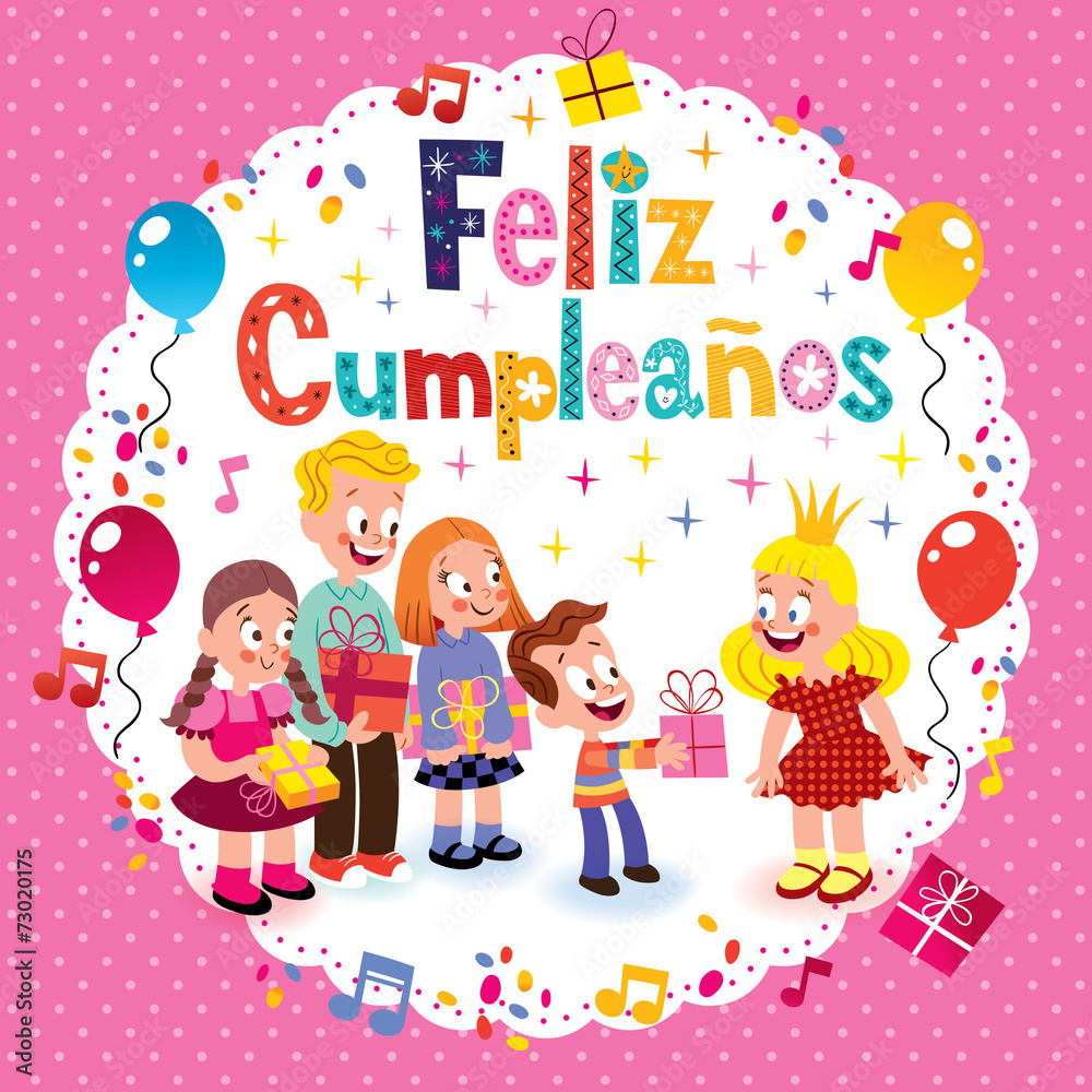 Feliz Cumpleanos - Happy Birthday in Spanish kids card Stock Vector ...