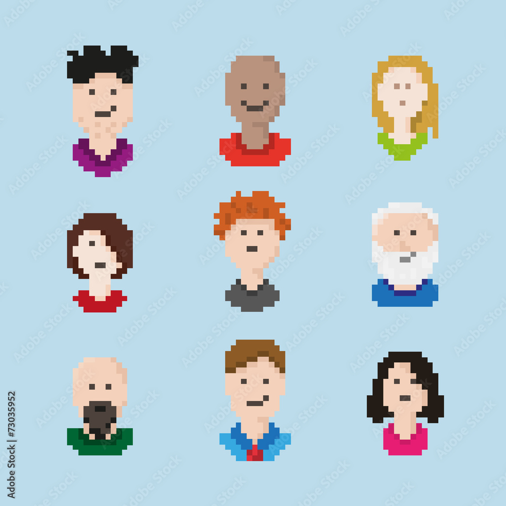 Collection of different funny pixel art faces Stock Vector | Adobe Stock