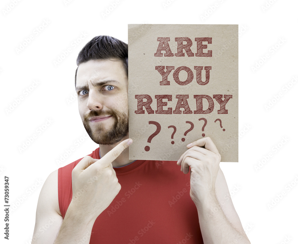 Man holding a card with the text Are you Ready? Stock Photo | Adobe Stock