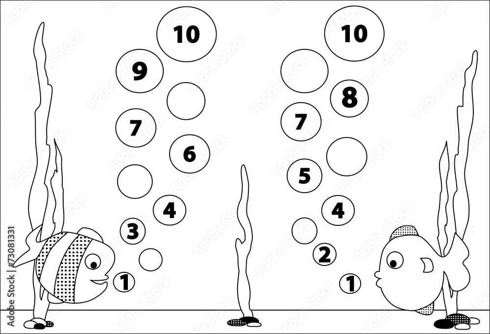 fish and bubbles with numbers- black and white Stock Vector | Adobe Stock