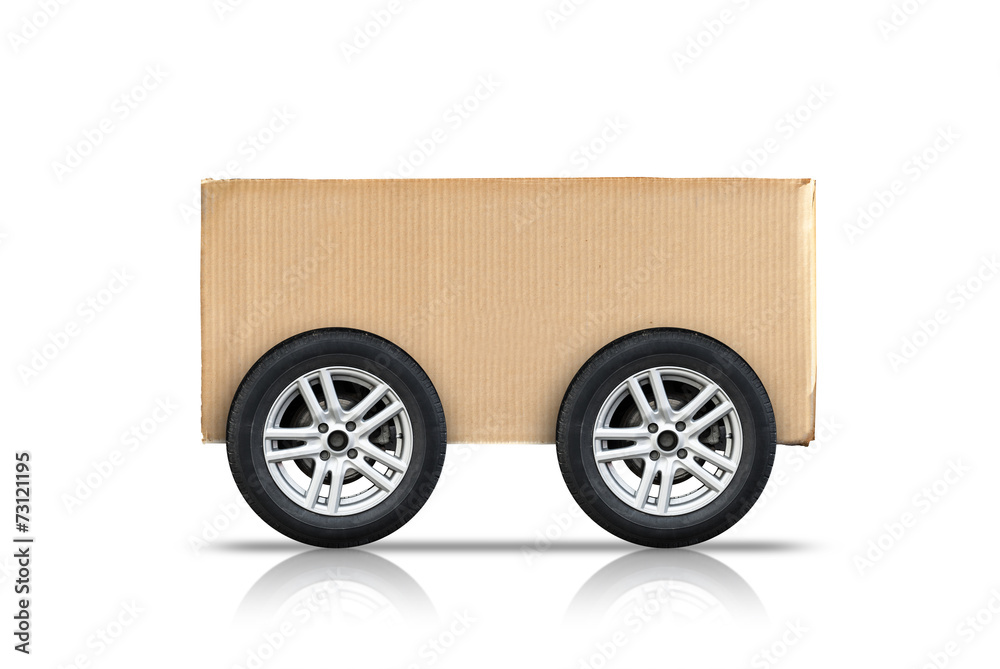 Cardboard box with automotive wheels isolated on white Stock Photo ...