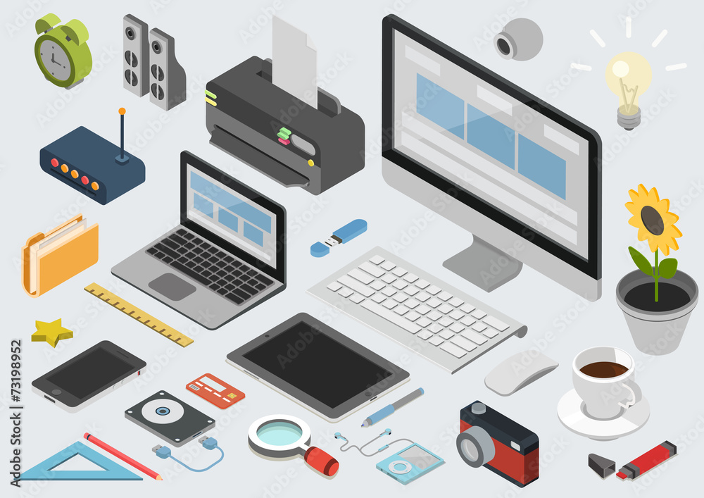 Flat 3d isometric technology workspace infographic icon set Stock ...