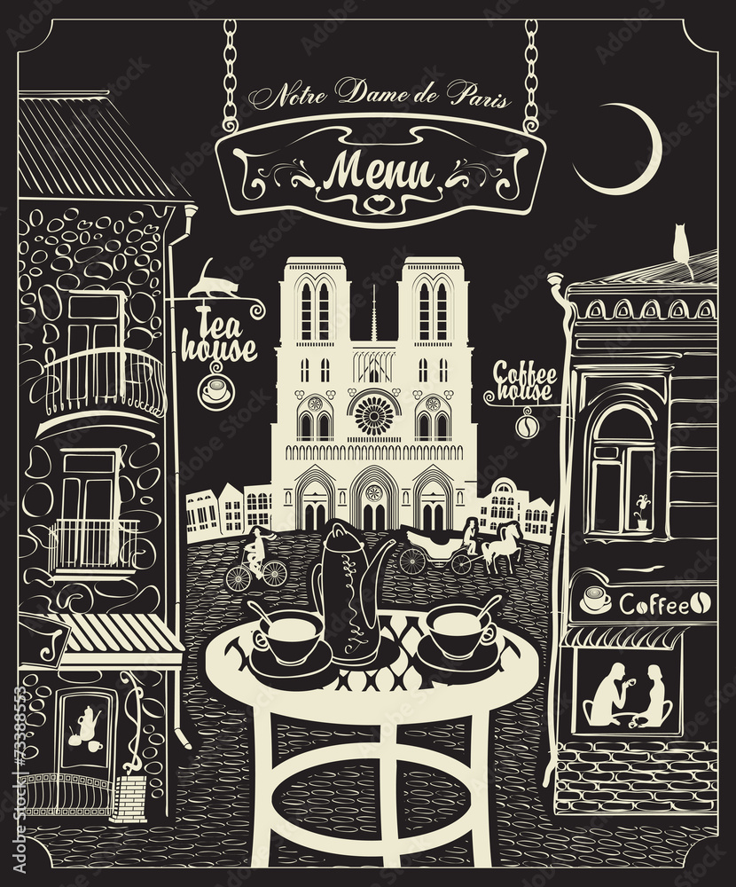 Cover for a menu with Parisian cafes and Notre Dame de Paris Stock ...