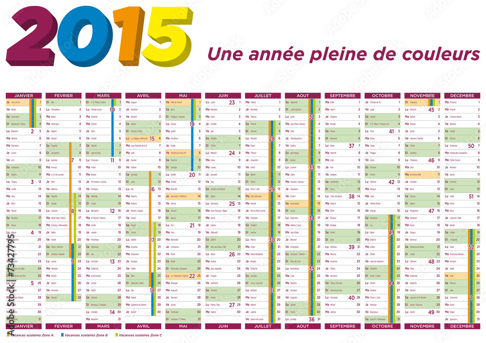 Vecteur Stock calendrier 2015 avec fêtes, vacances et jours fériés ...
