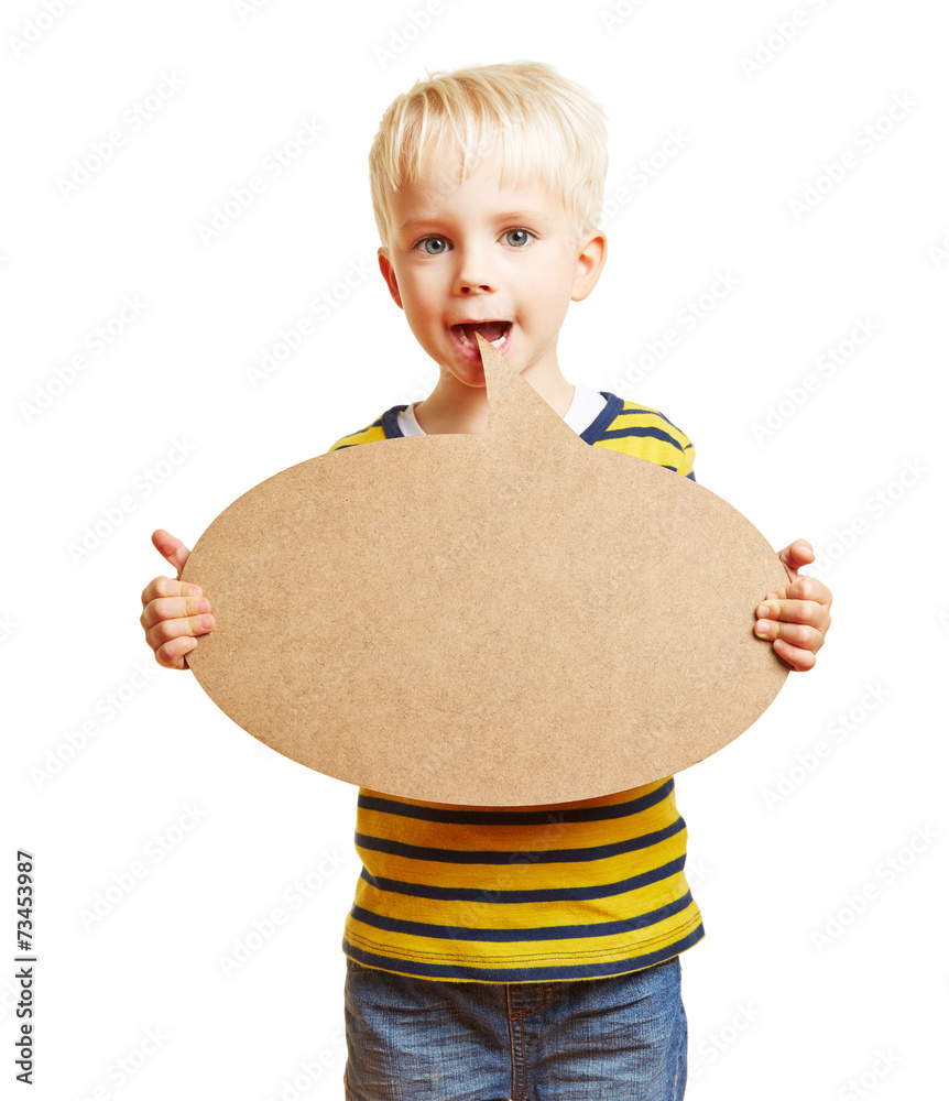 Kind redet mit Sprechblase vor dem Mund Stock-Foto | Adobe Stock