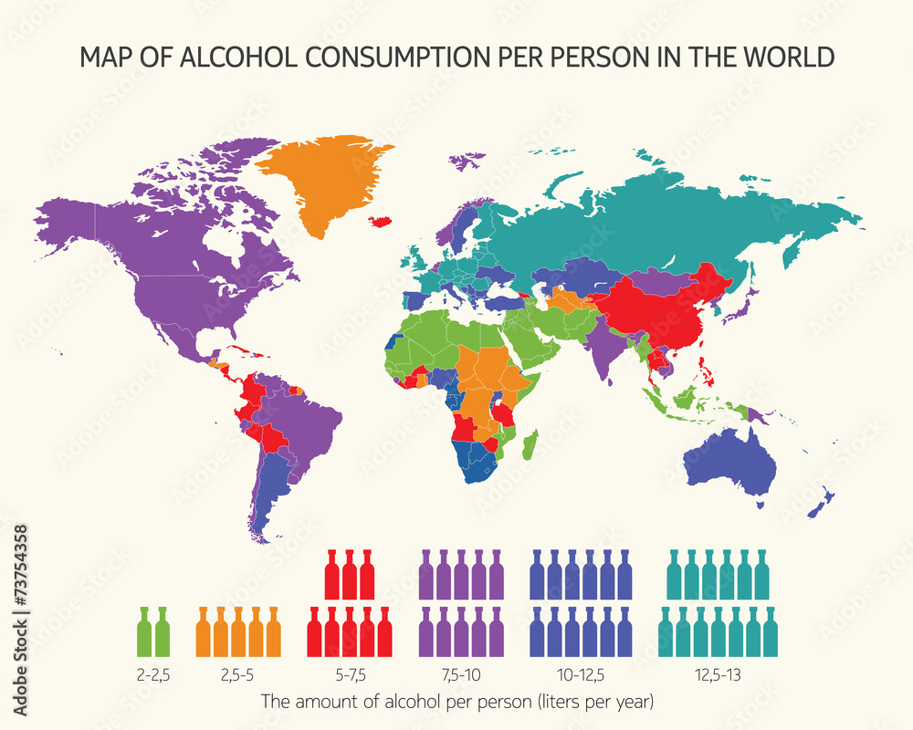 Map of alcohol consumption per person in the world Stock Vector | Adobe ...