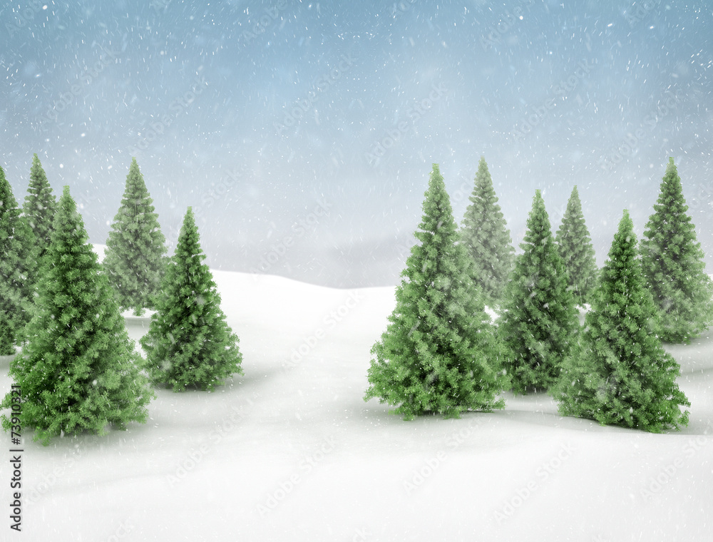 Winter scene snow and green pine trees Stock Photo | Adobe Stock