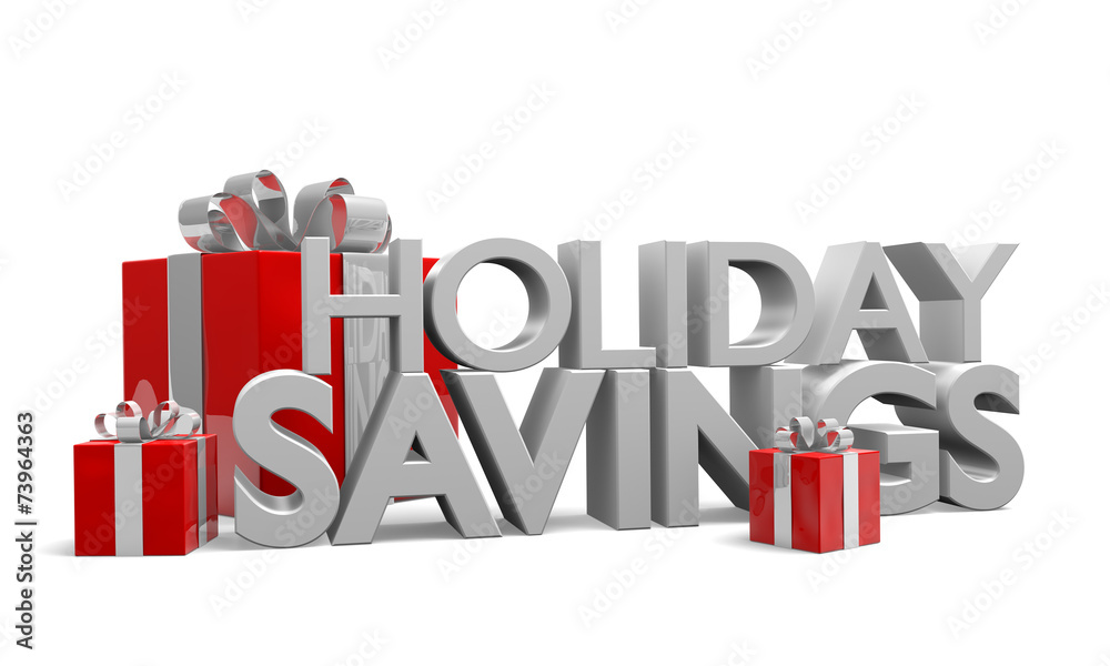 Holiday Savings words in 3D with red gifts decorated in ribbons Stock ...
