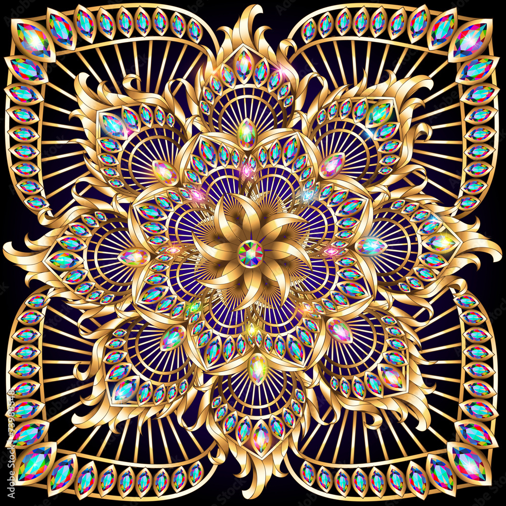 gold background with a circular ornament and precious stones Stock ...