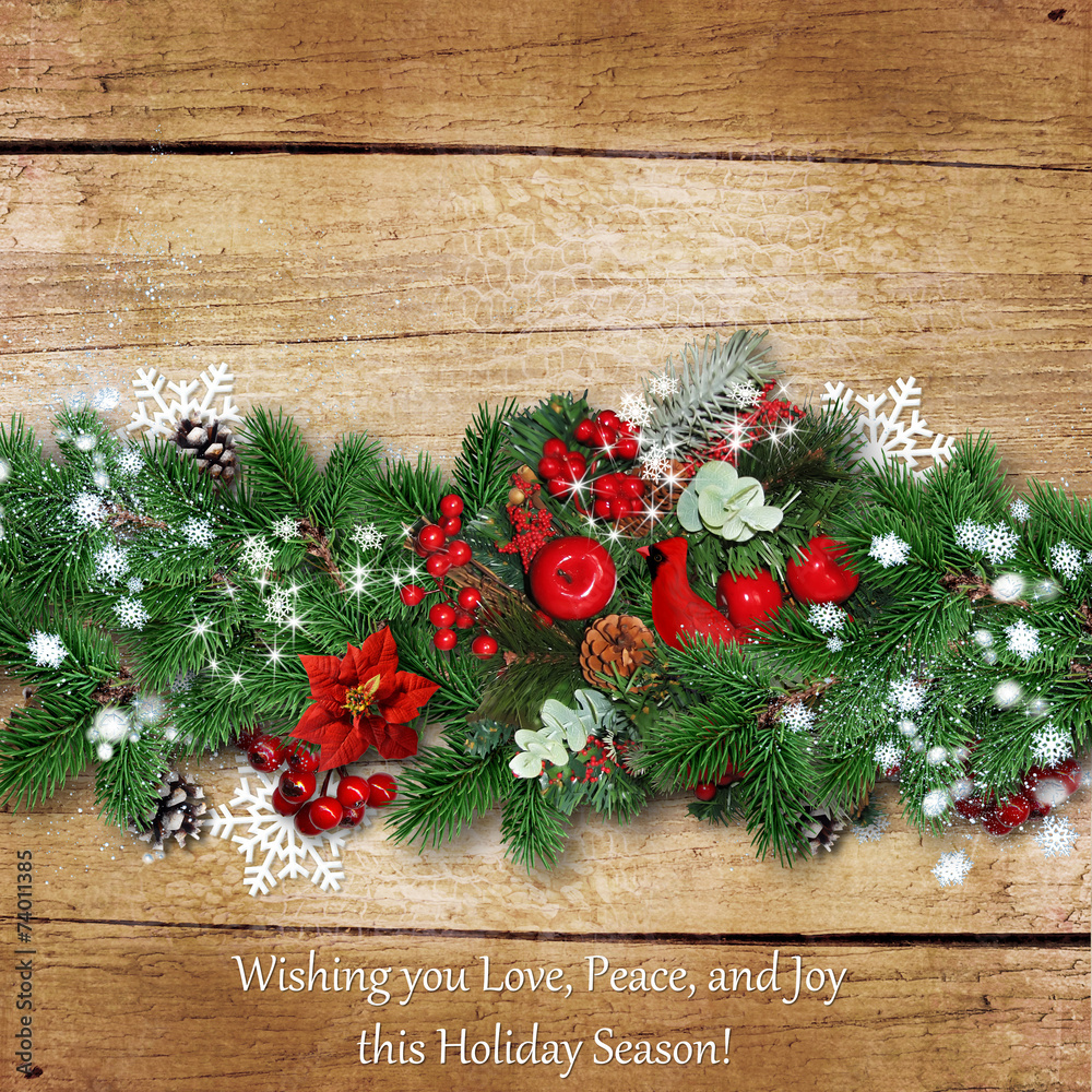 Christmas border on a vintage wooden board with space for text o Stock ...