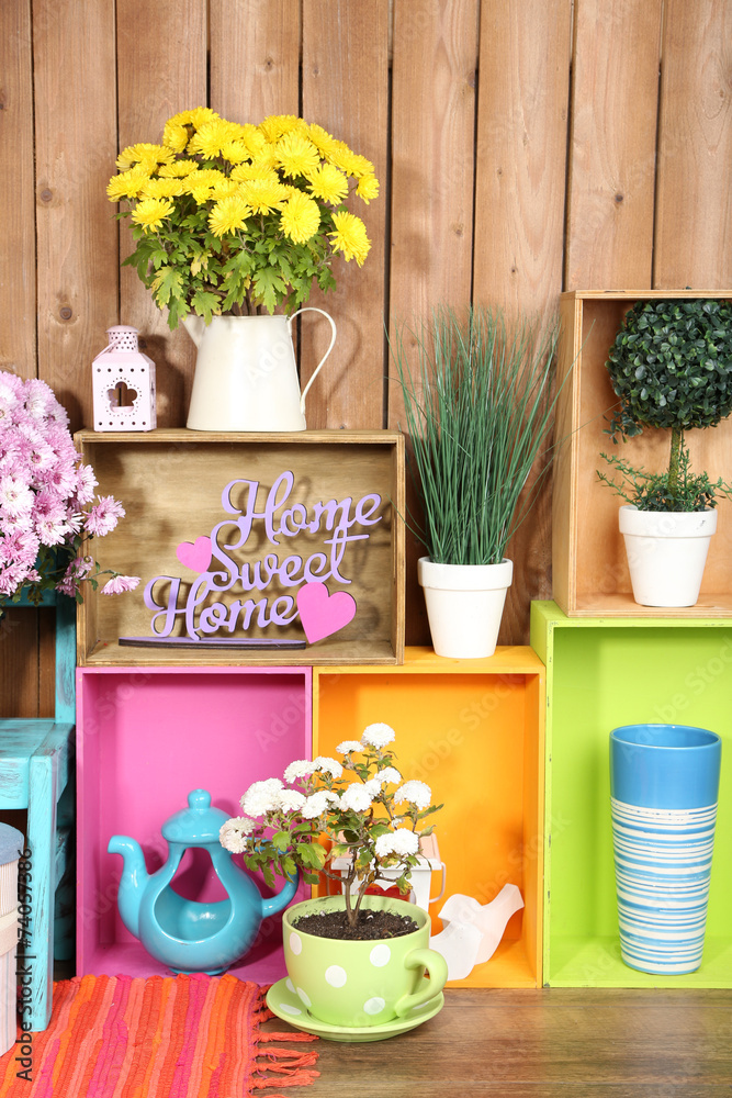 Beautiful colorful shelves with different home related objects Stock ...