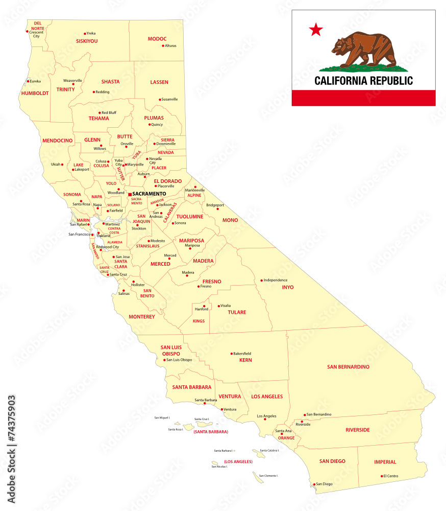 california administrative map with flag Stock Vector | Adobe Stock
