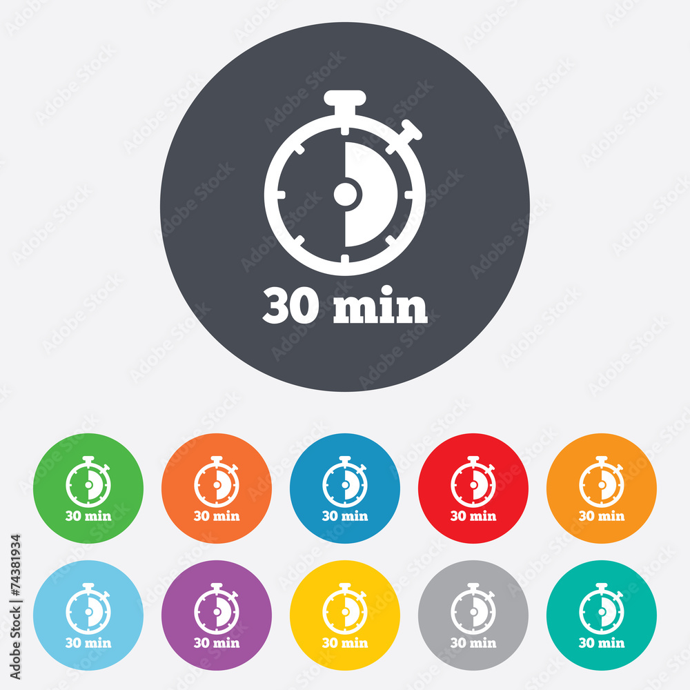 Timer sign icon. 30 minutes stopwatch symbol. Stock Vector | Adobe Stock