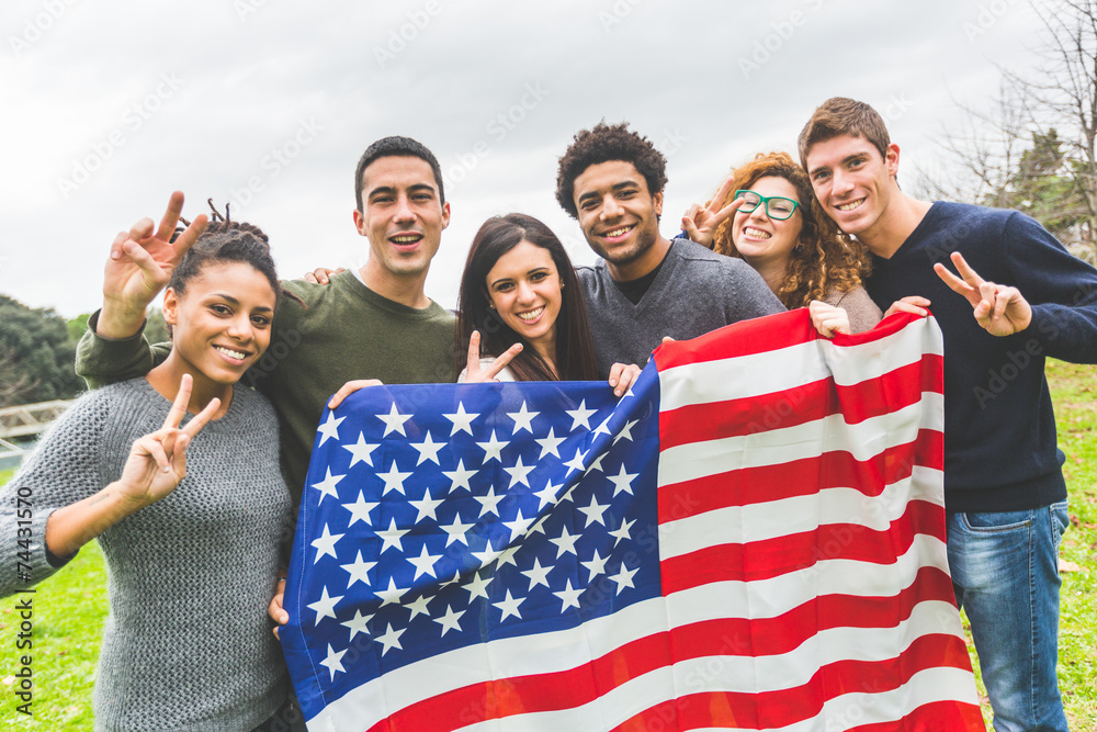 Multiethnic Group of Friends with United States Flag Stock-Foto | Adobe ...