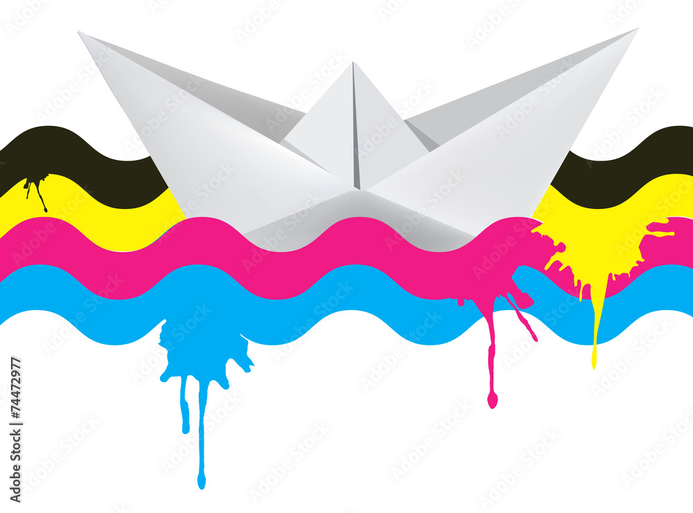 Paper boat on the waves of print colors Stock Vector | Adobe Stock