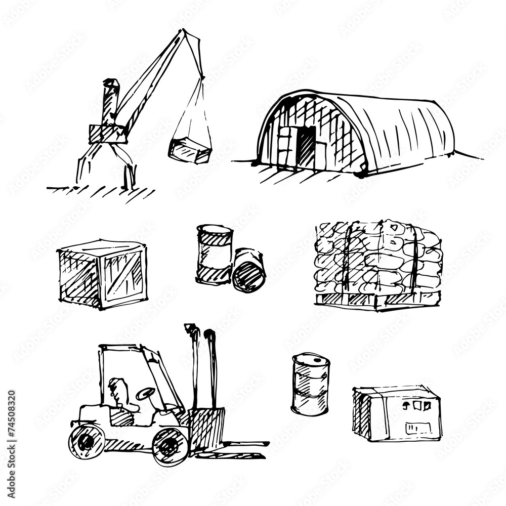 Hand drawn warehouse sketch set. Stock Vector | Adobe Stock