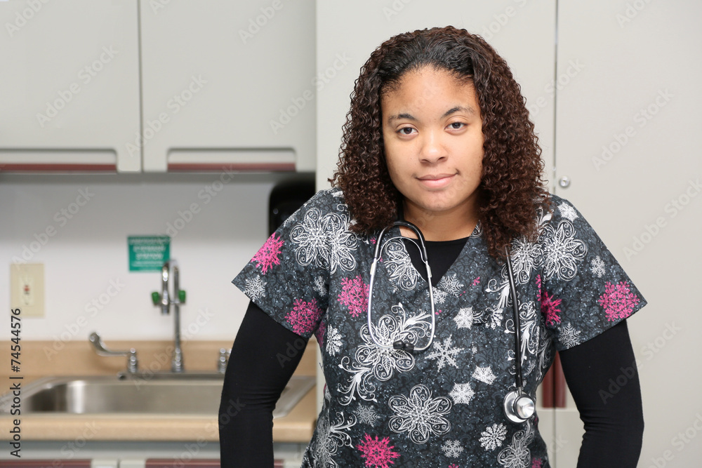 Female Nurse wearing Holiday smock foto de Stock | Adobe Stock