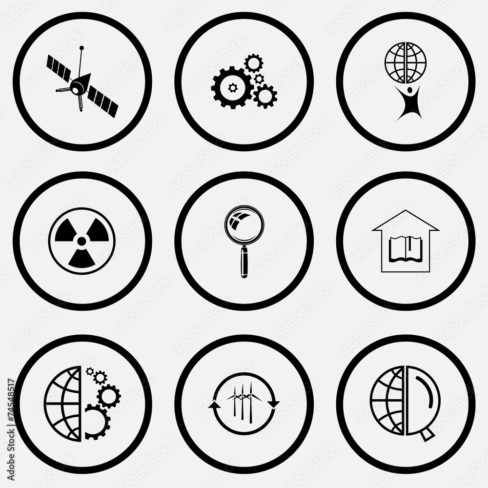 spaceship, gears, little man with globe, radiation symbol, magni Stock ...